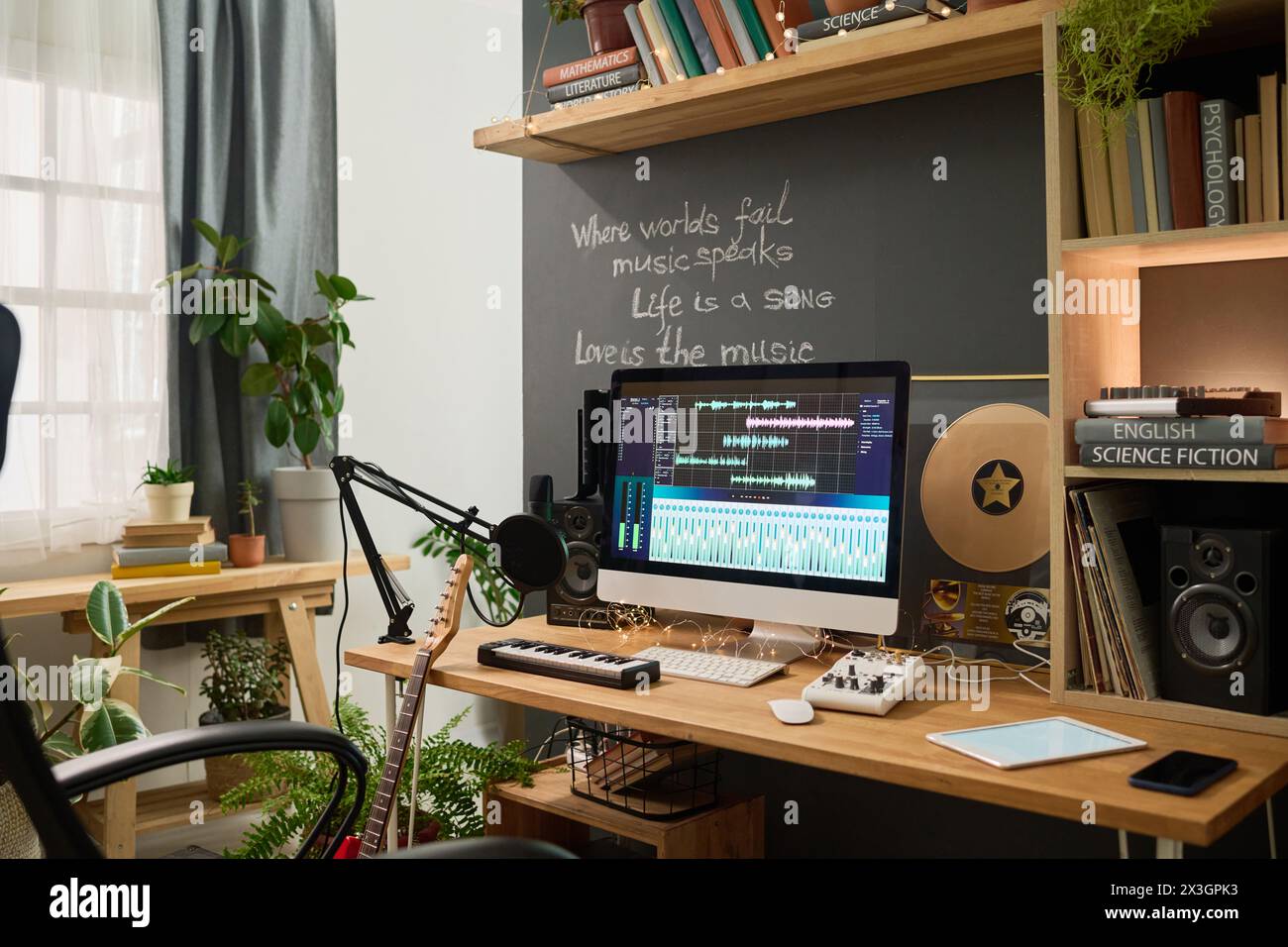 Workplace of creative musician composing music and writing lyrics with ...