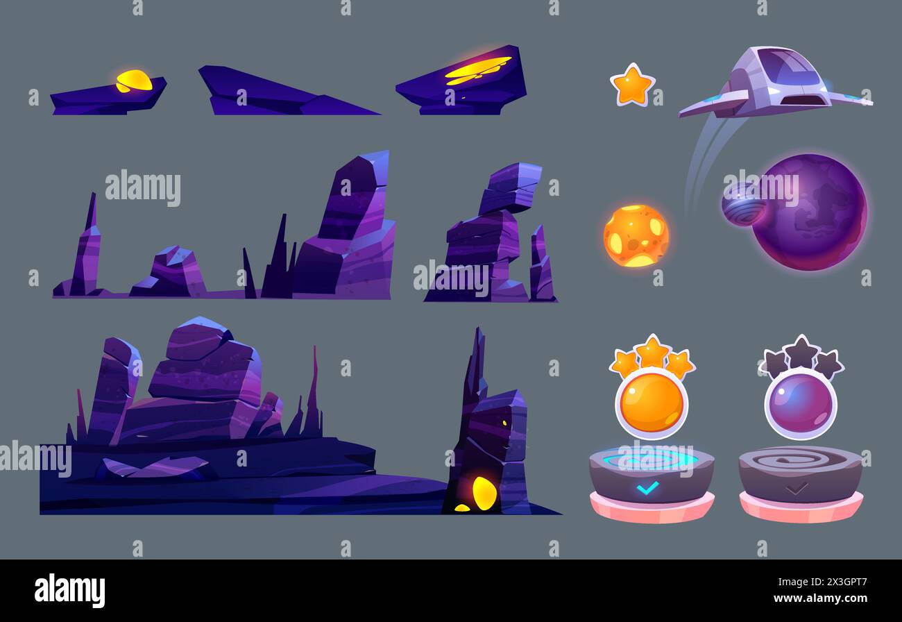 Outer space game level ui design creation kit. Cartoon set of 2d ...
