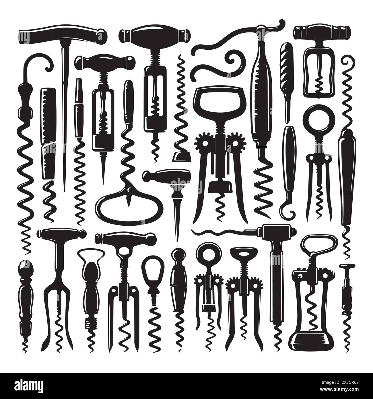 Black silhouette set of various corkscrews, vector illustration Stock ...