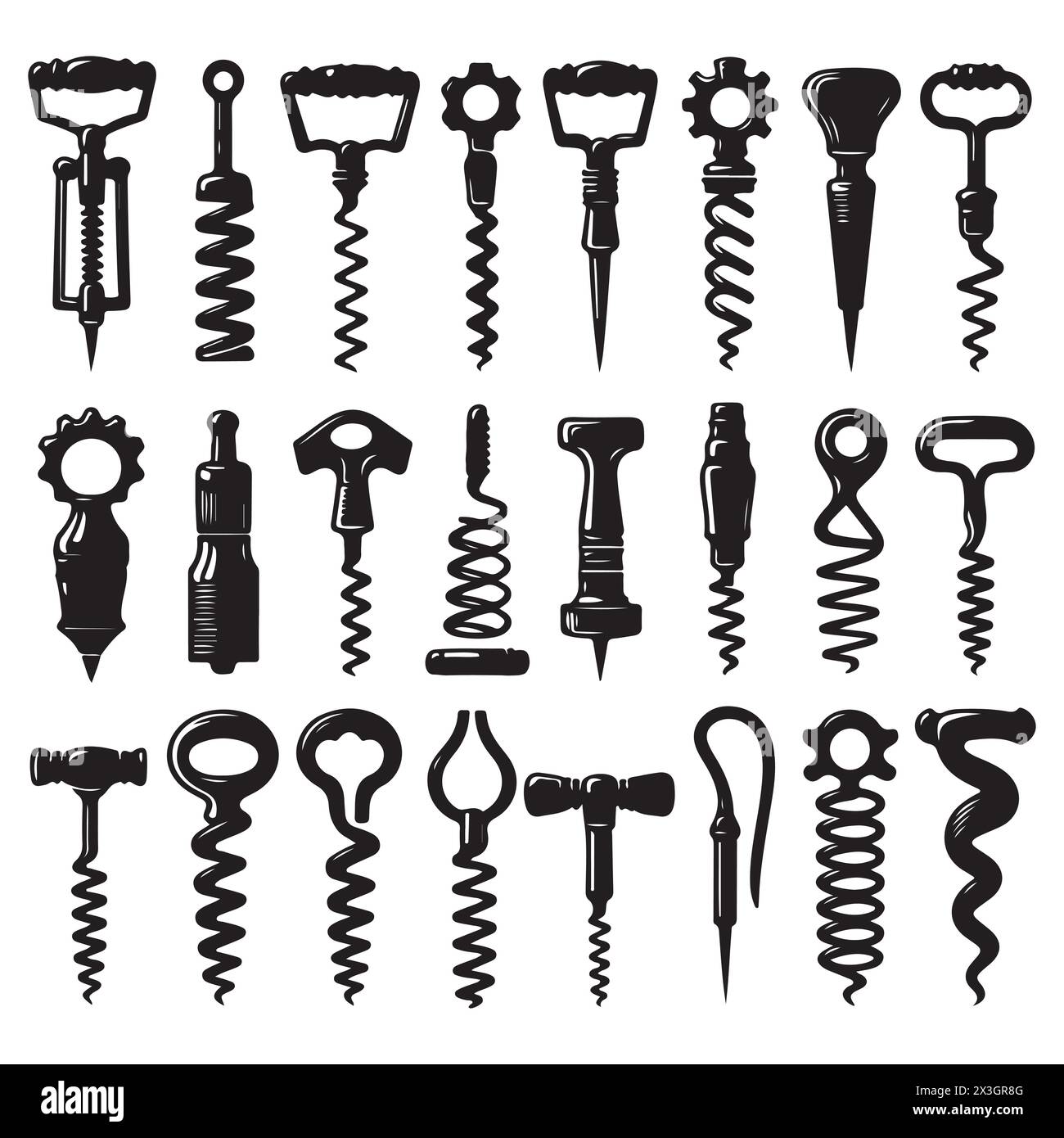 Black silhouette set of various corkscrews, vector illustration Stock ...