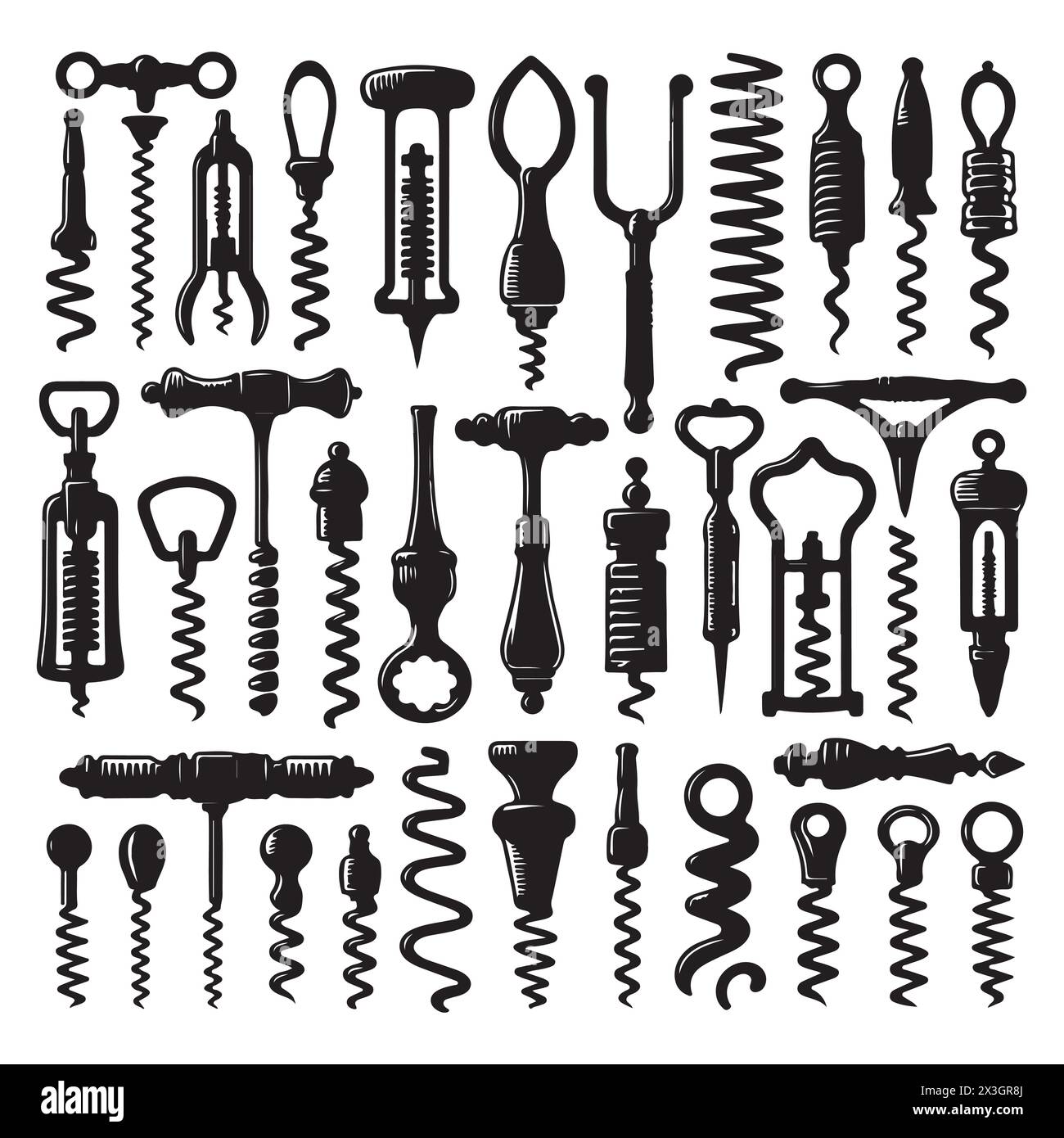 Black silhouette set of various corkscrews, vector illustration Stock ...
