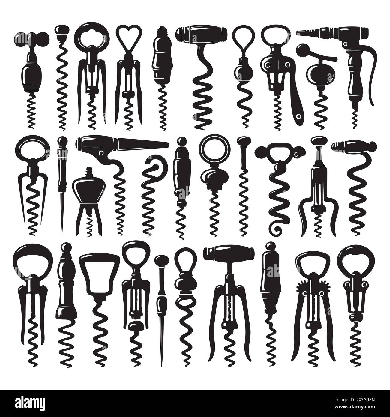 Black silhouette set of various corkscrews, vector illustration Stock ...