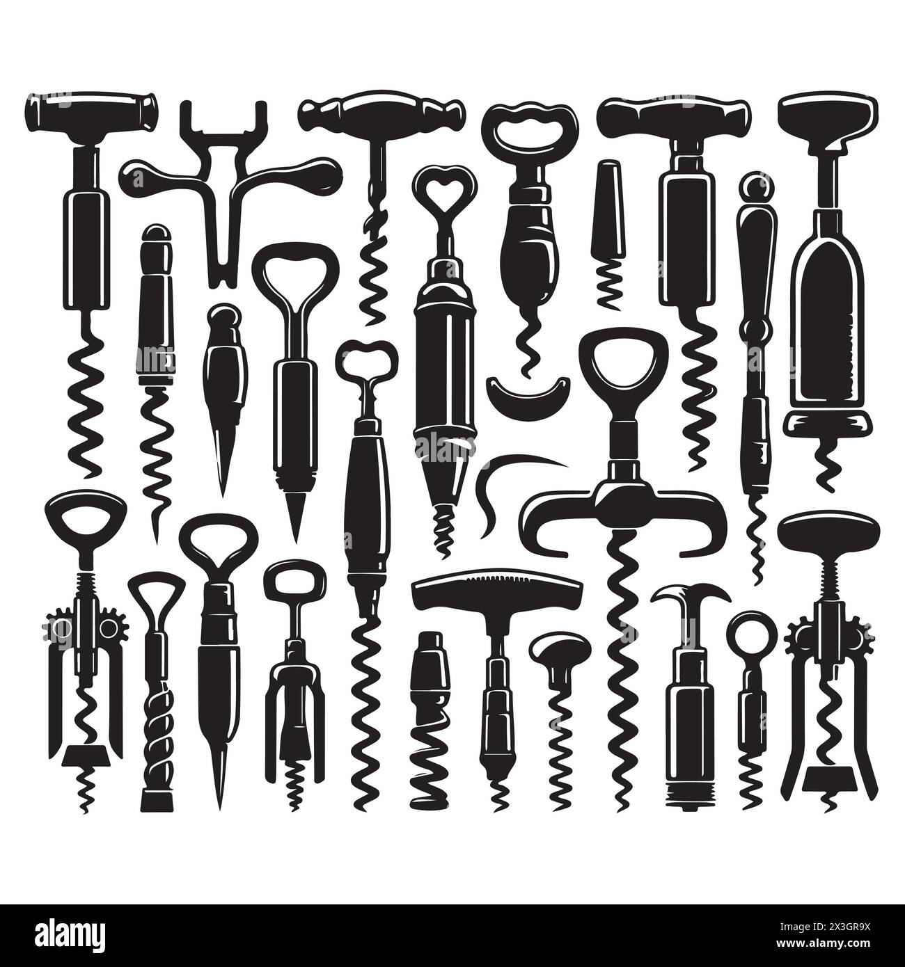 Black silhouette set of various corkscrews, vector illustration Stock ...