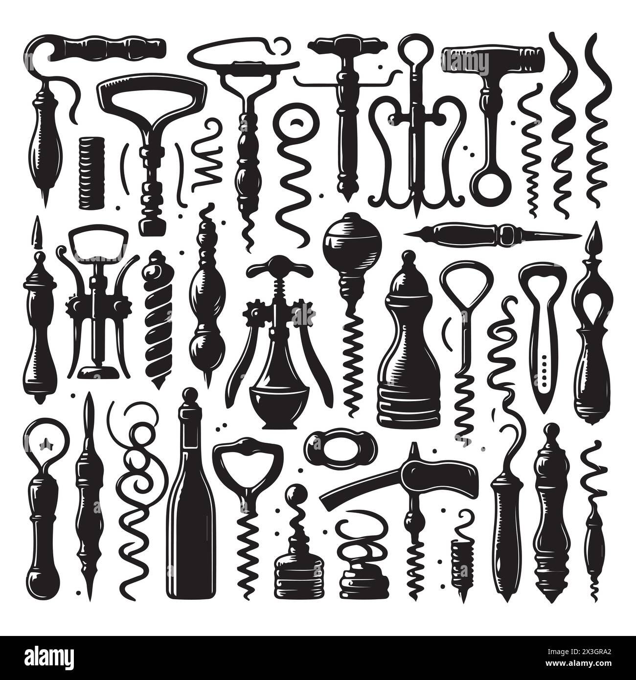 Black silhouette set of various corkscrews, vector illustration Stock ...