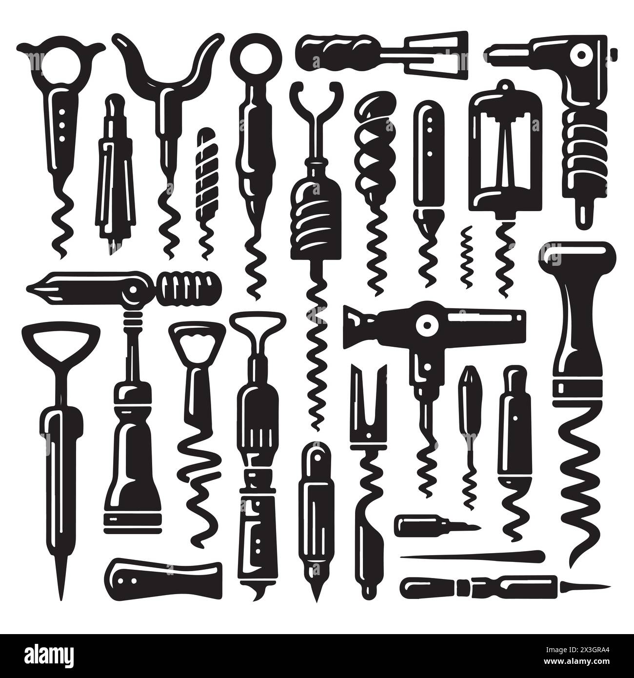 Black silhouette set of various corkscrews, vector illustration Stock ...