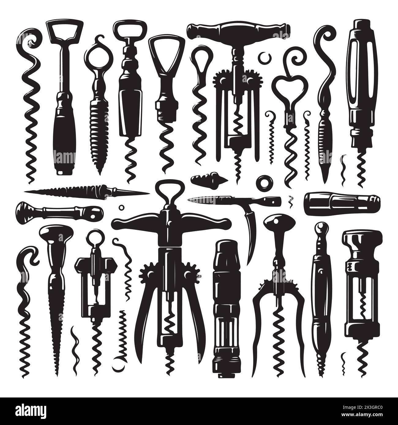 Black silhouette set of various corkscrews, vector illustration Stock ...
