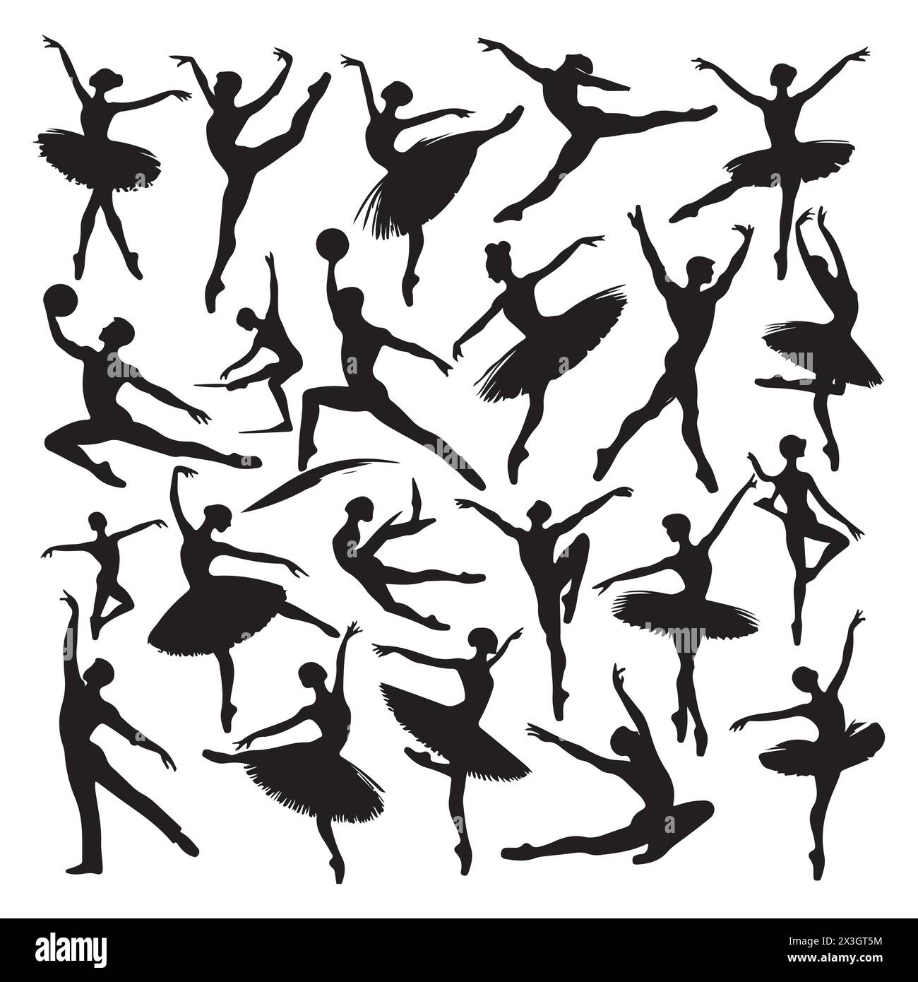 Black silhouette set of various ballet dances, vector illustration ...
