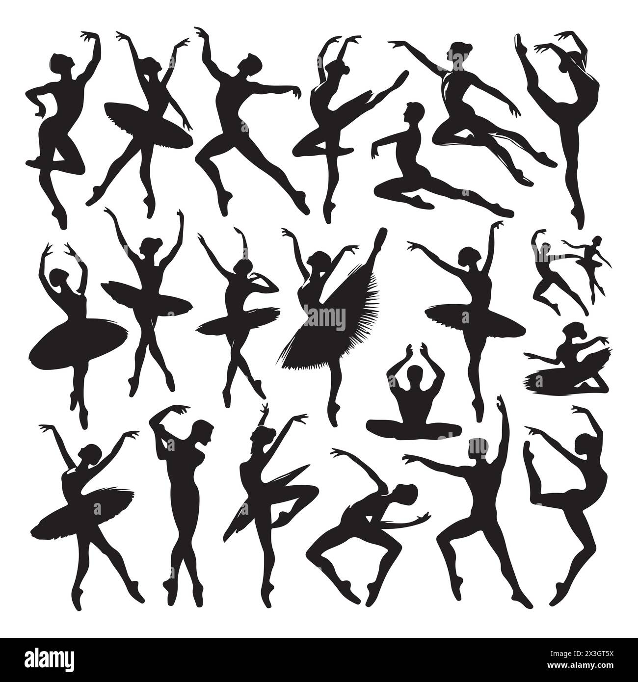 Black silhouette set of various ballet dances, vector illustration ...
