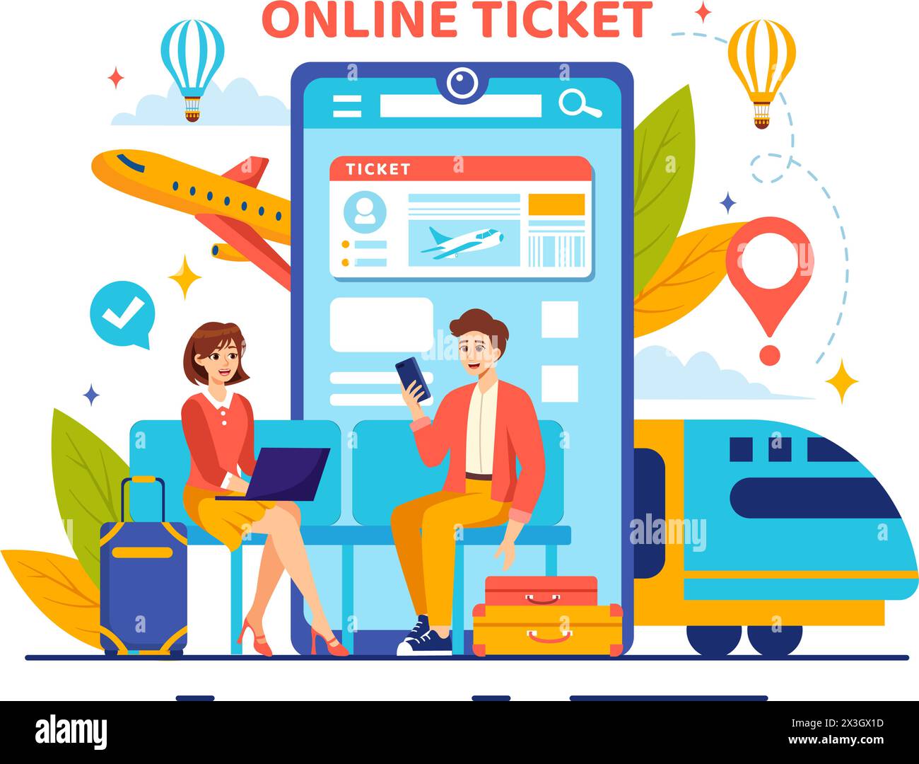 Online Travel Ticket Vector Illustration Through transportation and ...
