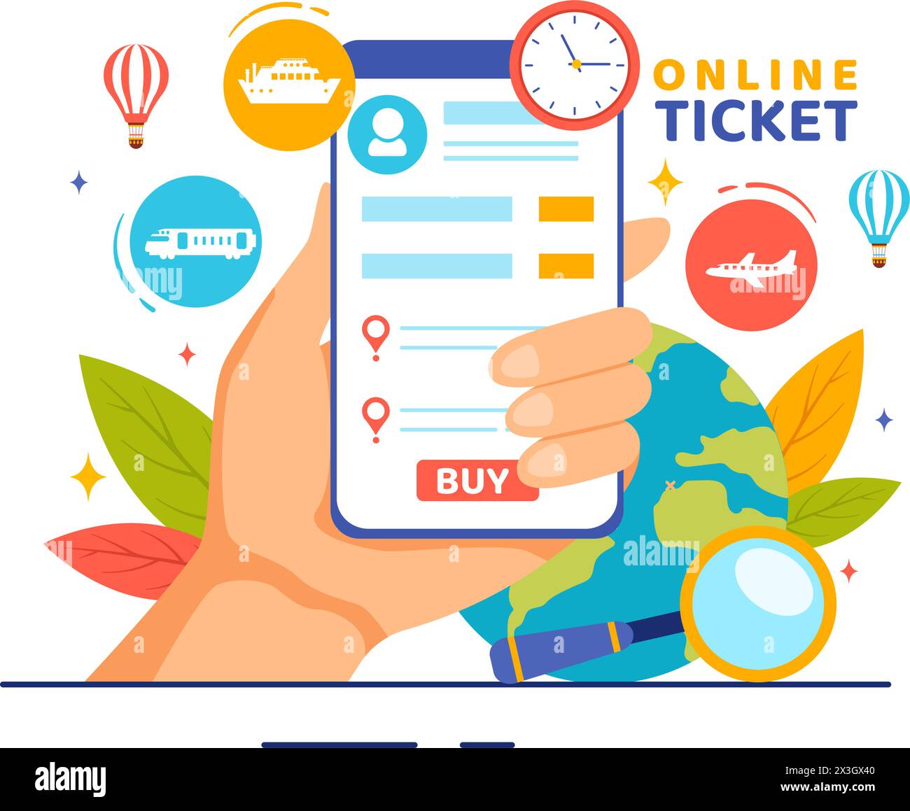 Online Travel Ticket Vector Illustration Through transportation and ...