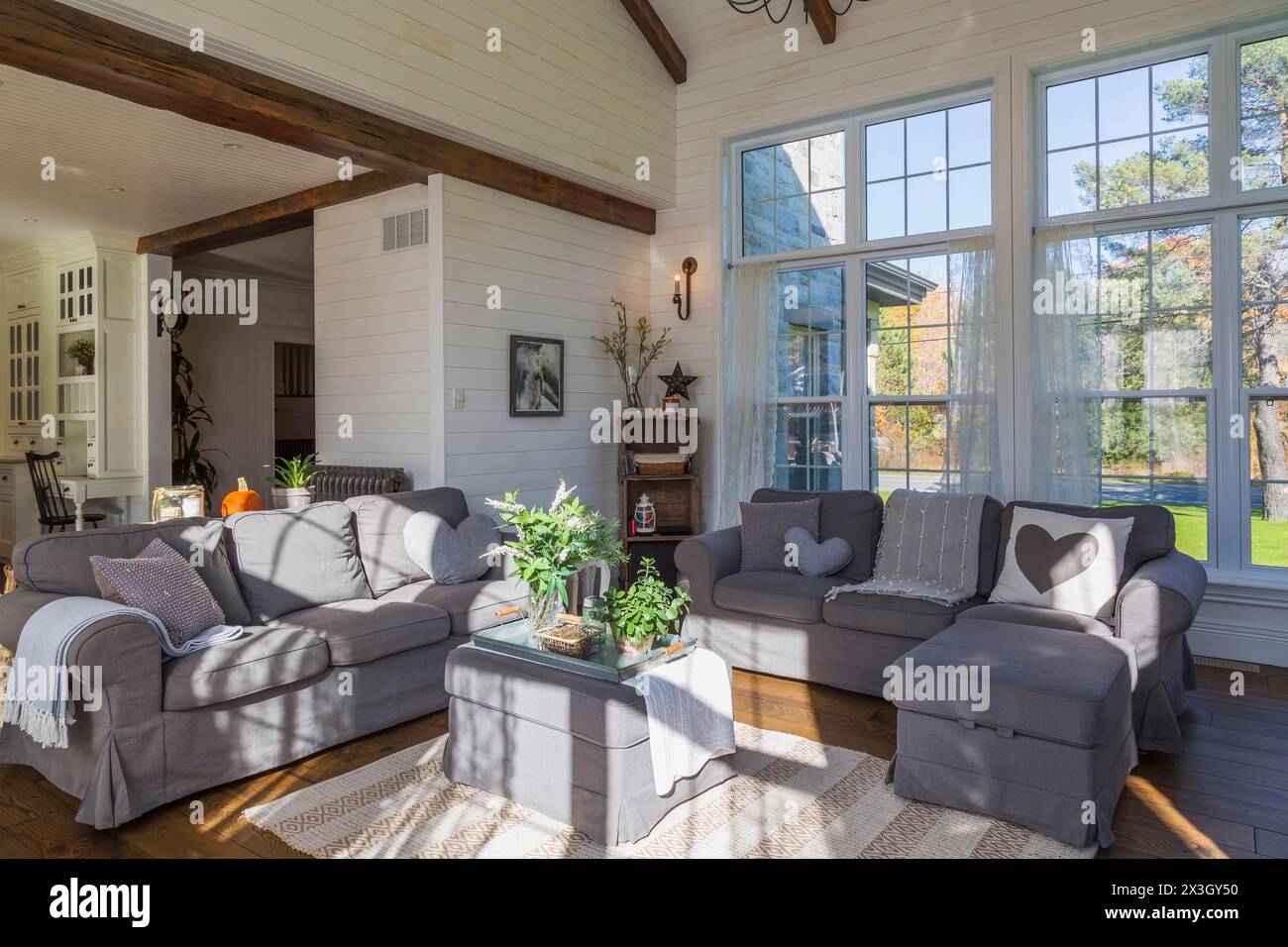 Dark grey upholstered ektorp model sofas in living room with rug and ...