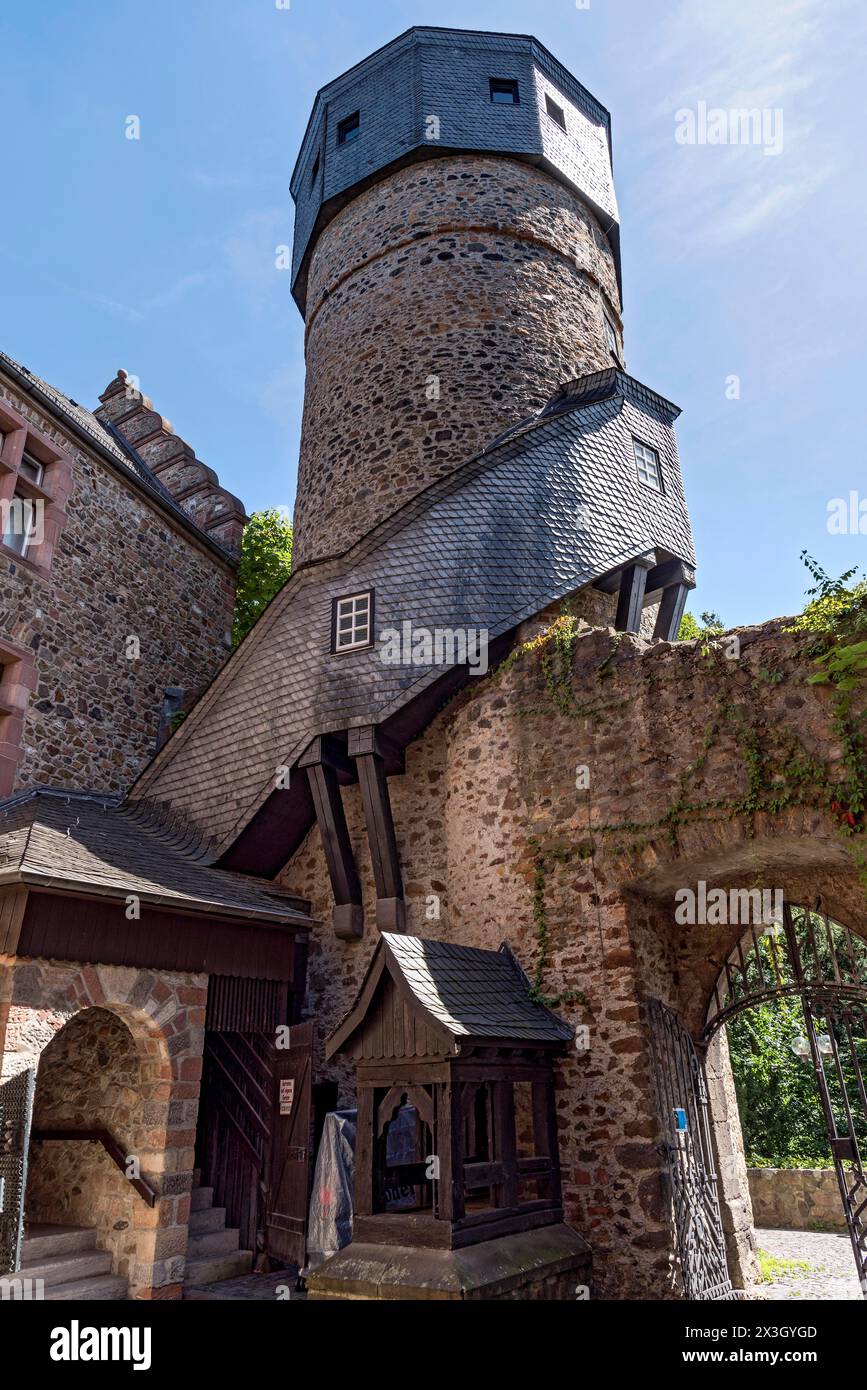 Old neo-renaissance castle, castle courtyard with fountain and stairway ...