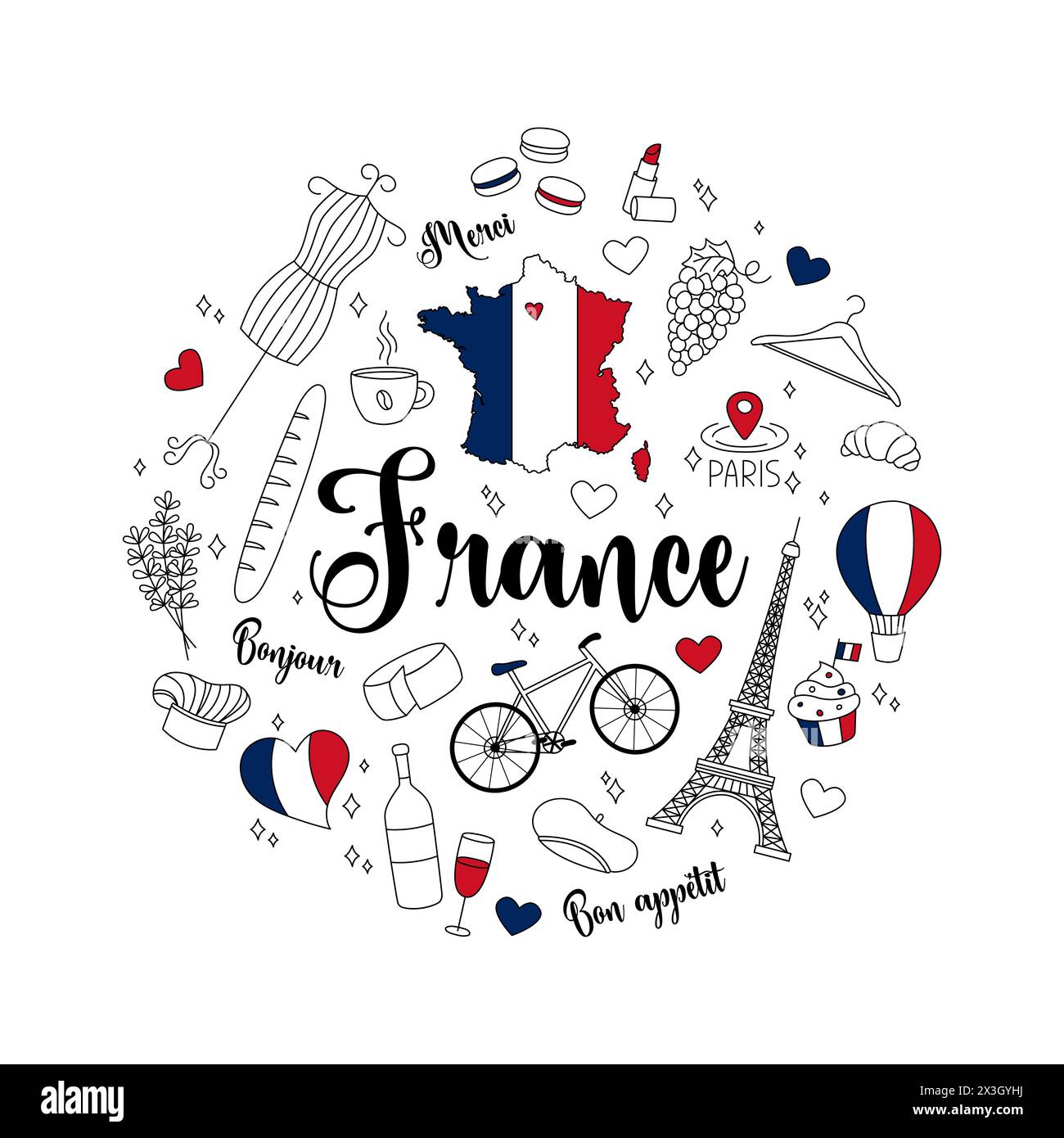 France doodles round design set. Vector illustrations of isolated ...