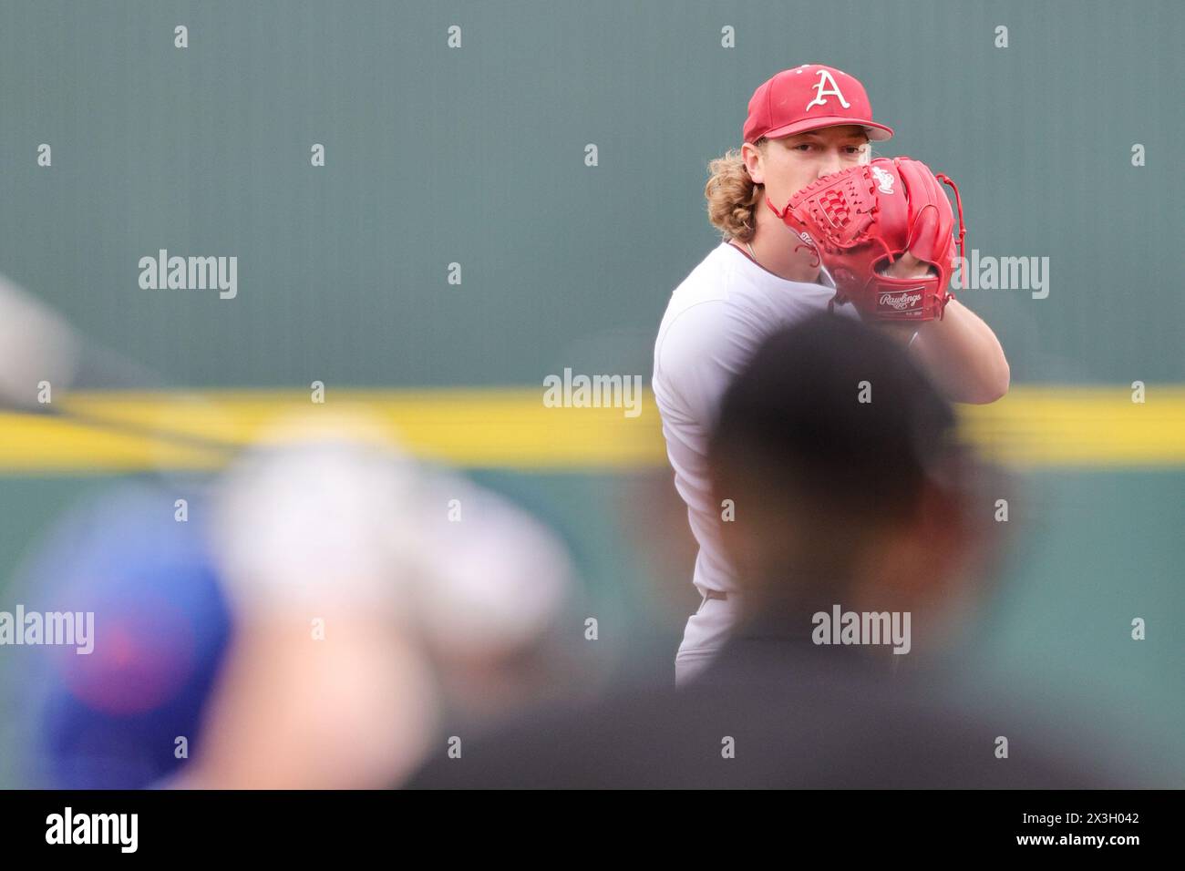 April 26, 2024: Razorback pitcher Hagen Smith #33 looks over the top of ...