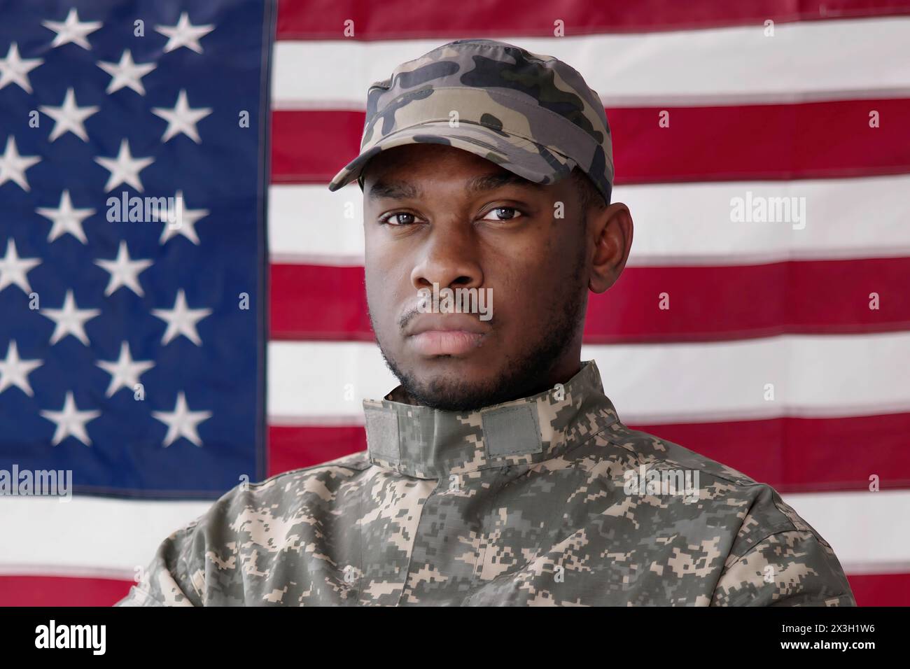 American veteran soldier with African American soldiers and US flag ...
