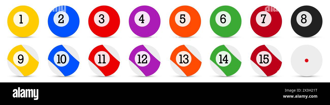Billiard balls. A set of pool balls with the numbers 1 through 15. Flat ...