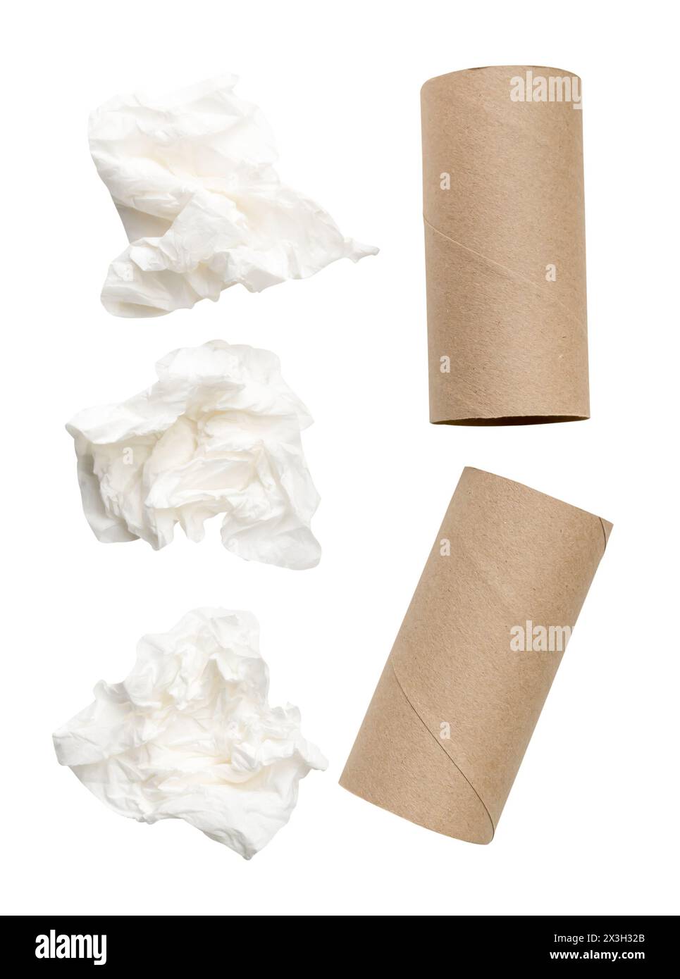 Top view set of screwed or crumpled tissue paper balls with cores after ...