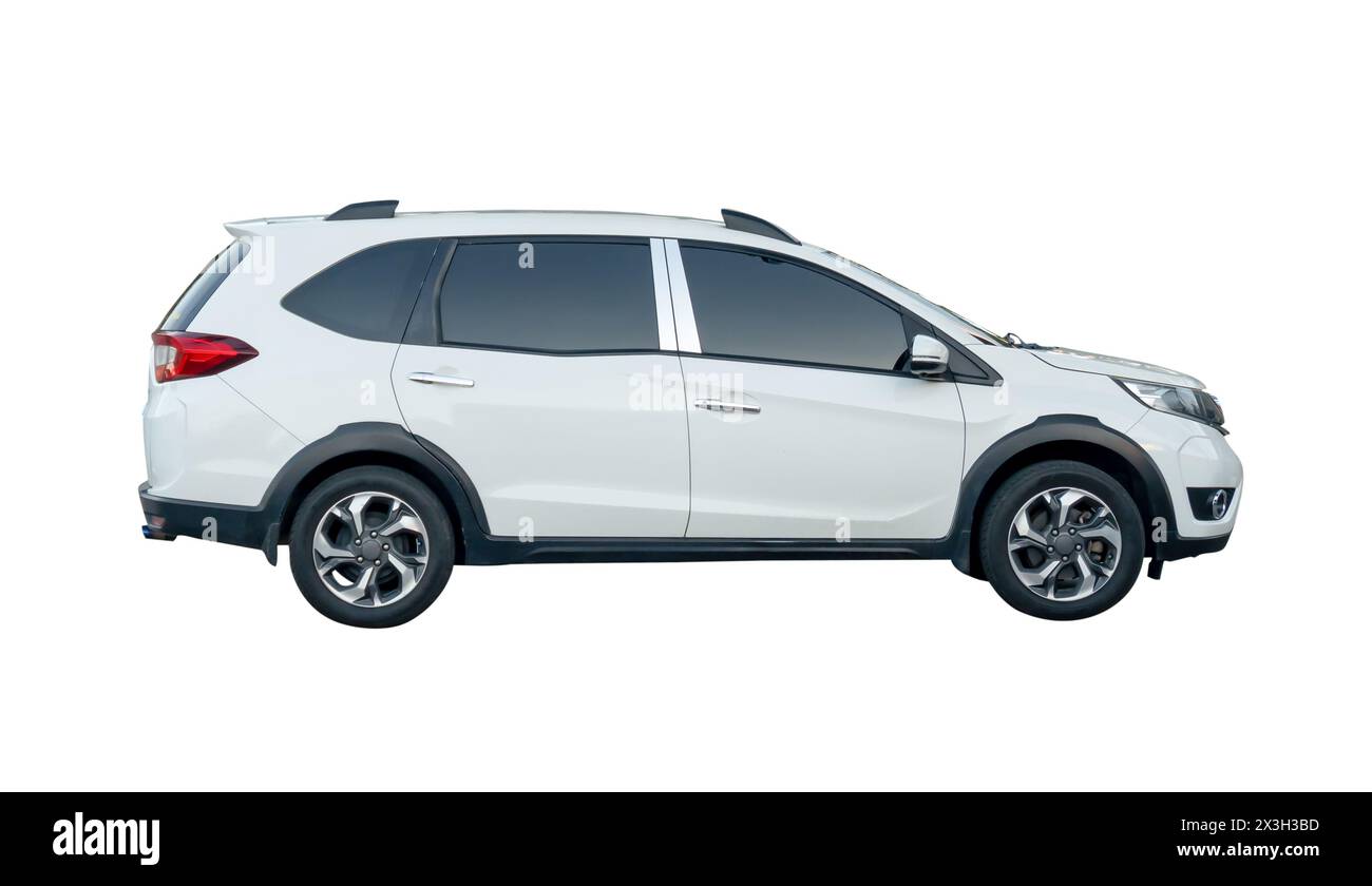 Side view of white hatchback car is isolated on white background with ...