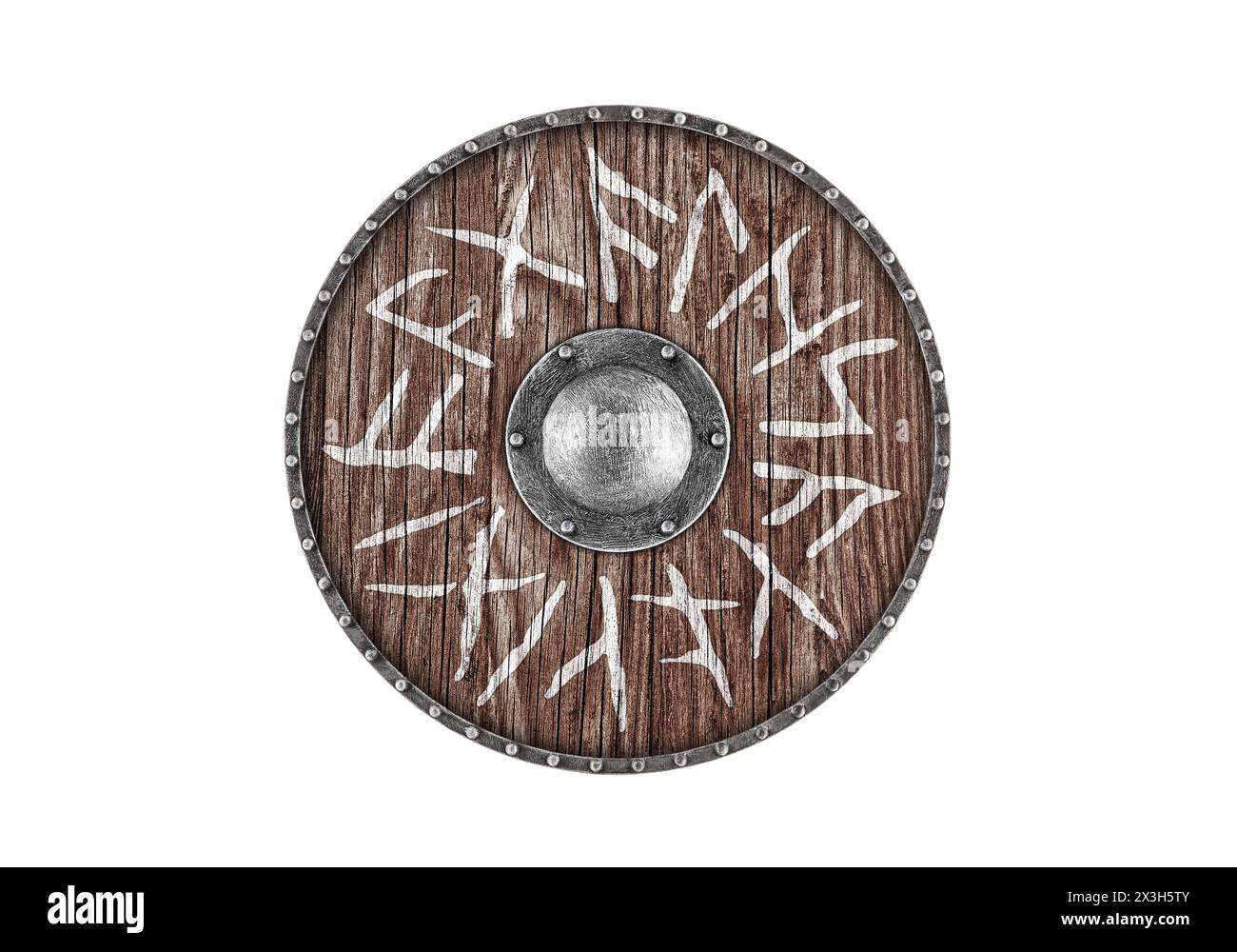 Old wooden round shield decorated with runes isolated on white ...