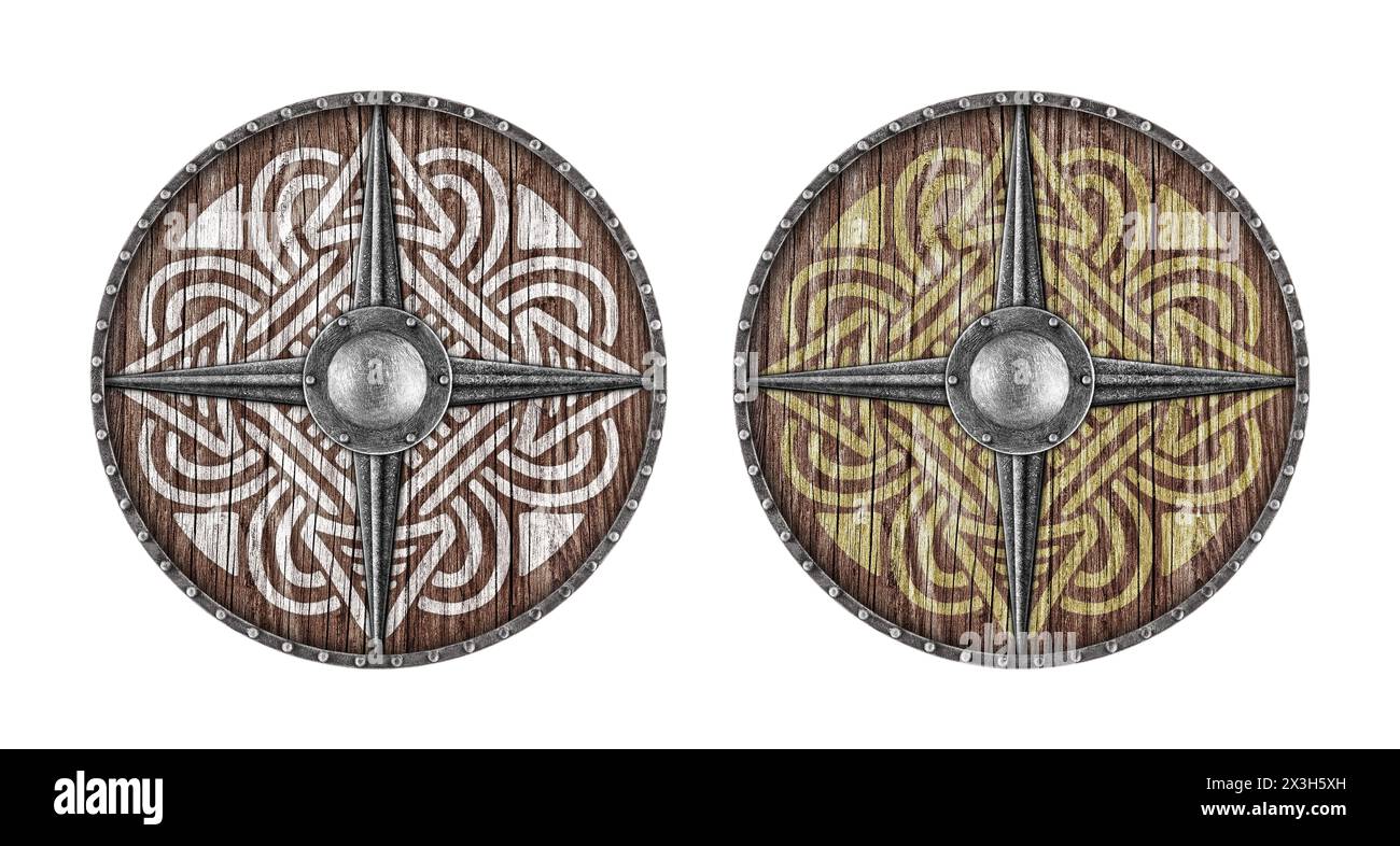 Old decorated wooden round shield isolated on white background Stock ...