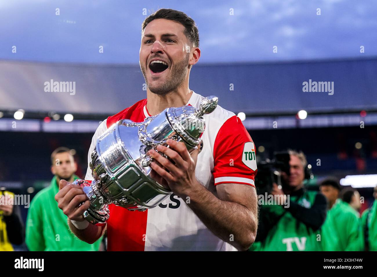 ROTTERDAM, NETHERLANDS - APRIL 21: Santiago Gimenez of Feyenoord holds ...