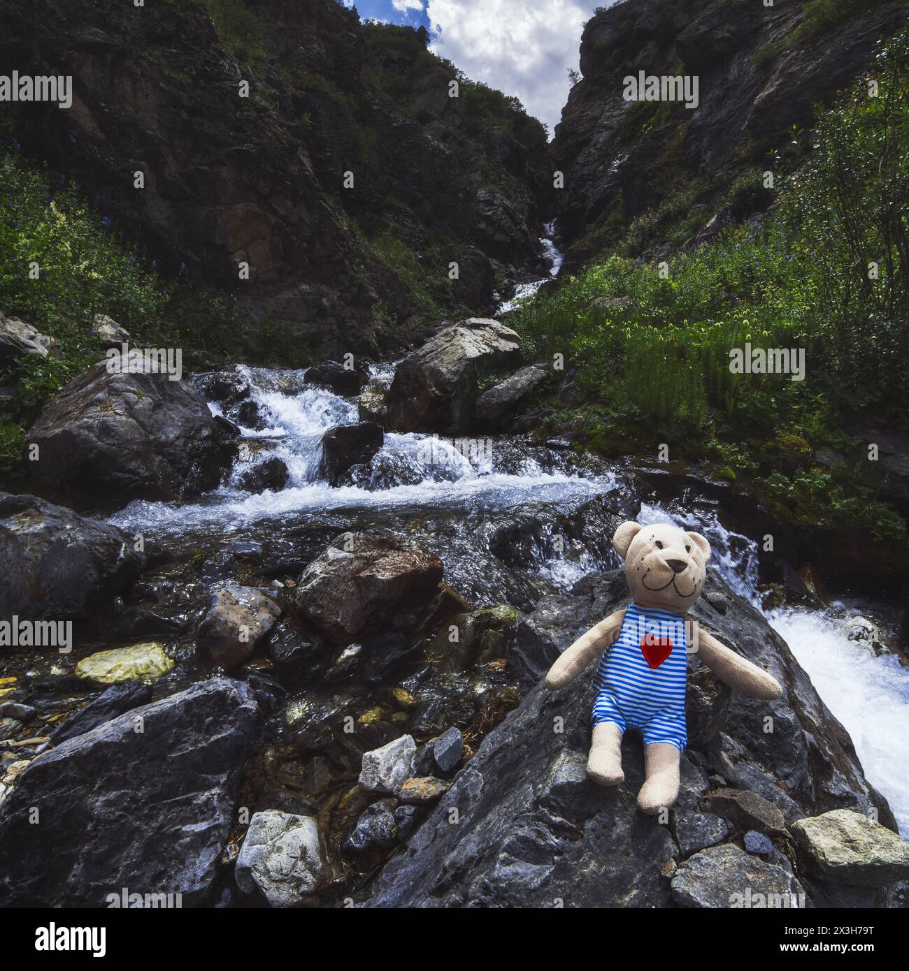 toy teddy bear traveler rests at a waterfall in a mountain river in a ...