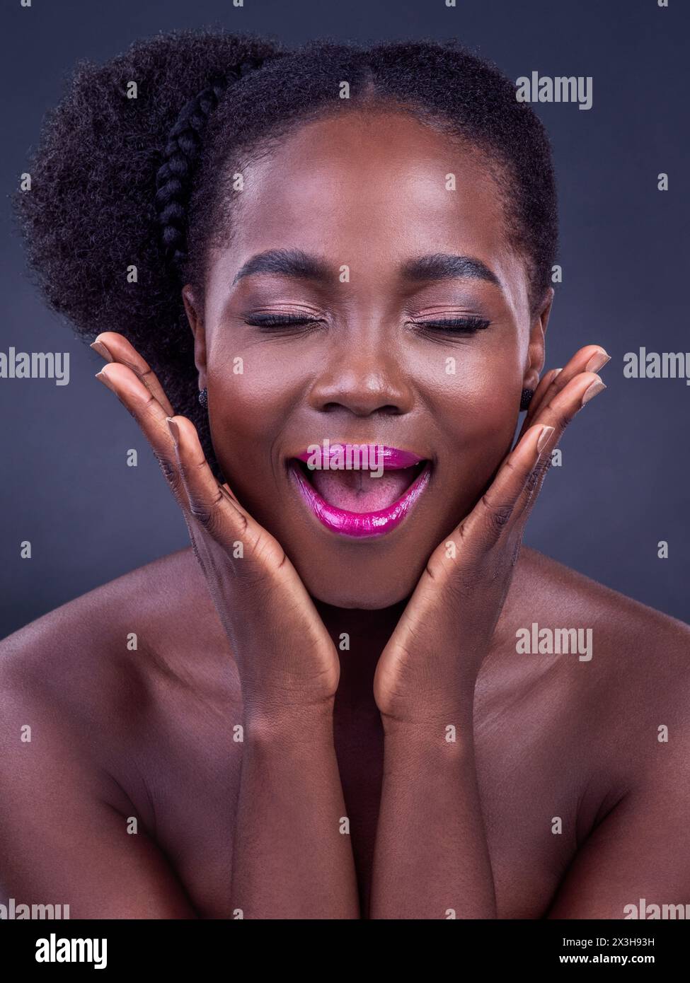 Black woman, makeup and surprise expression in studio with bold lipstick for beauty on dark ...