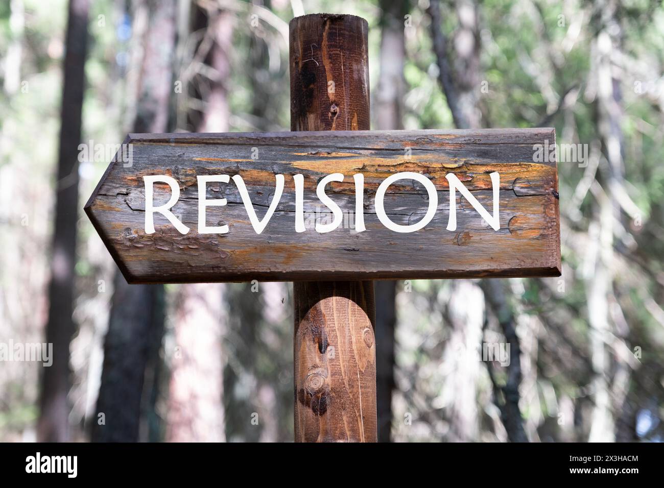 Revision inscription, inscription on the wooden signpost against the ...