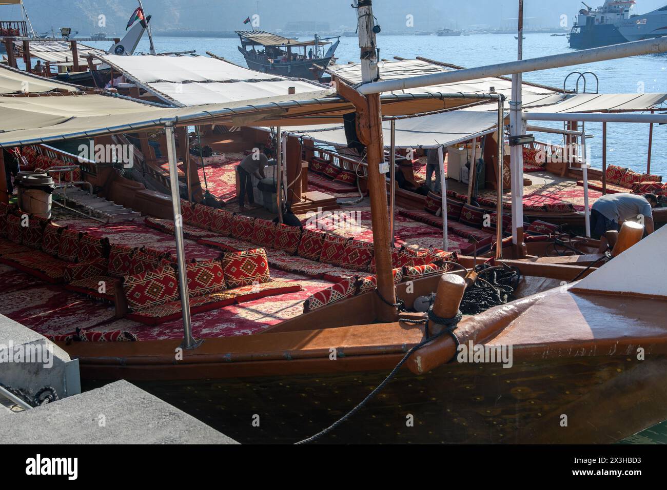 Khasab, Oman - 1 January 2024: Traditional wooden boats, adorned with ...