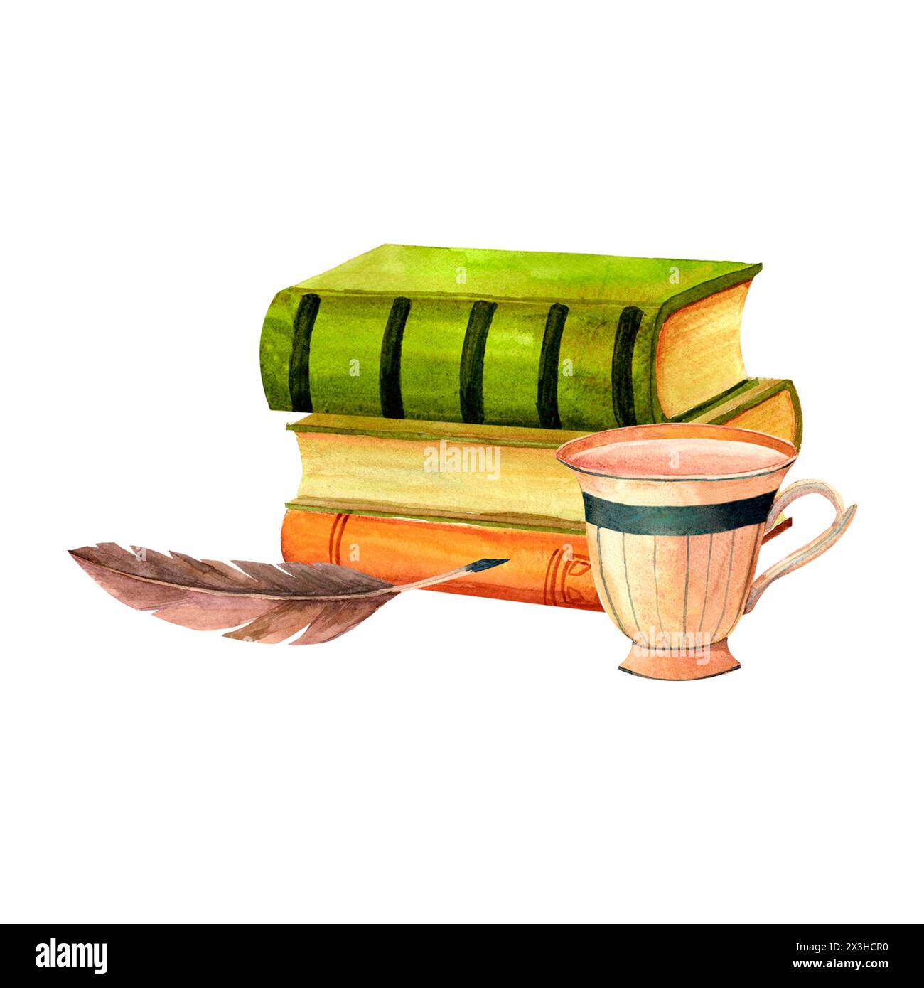 Books, feather pen and teacup composition. Vintage reading clip art ...