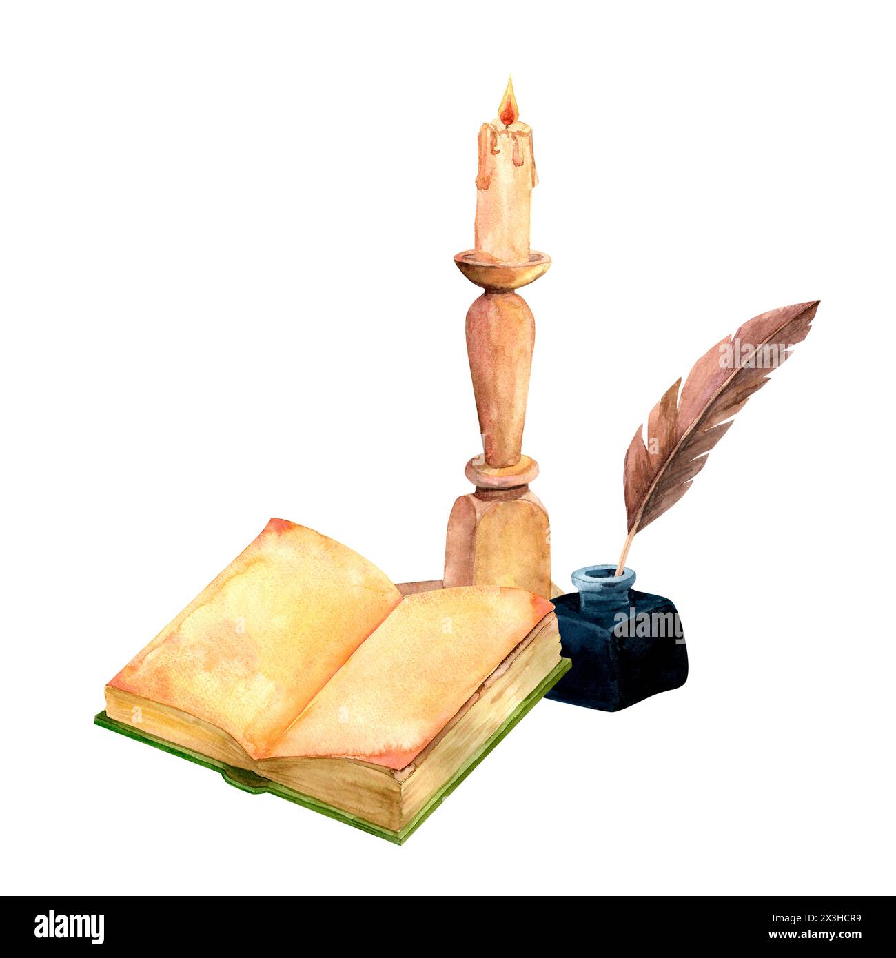 Books, feather ink pen and candlestick composition. Vintage reading ...