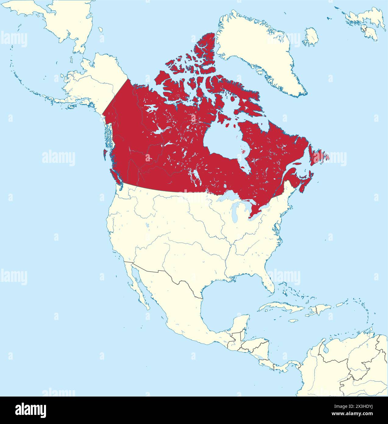Red map of CANADA inside beige map of the North American continent ...