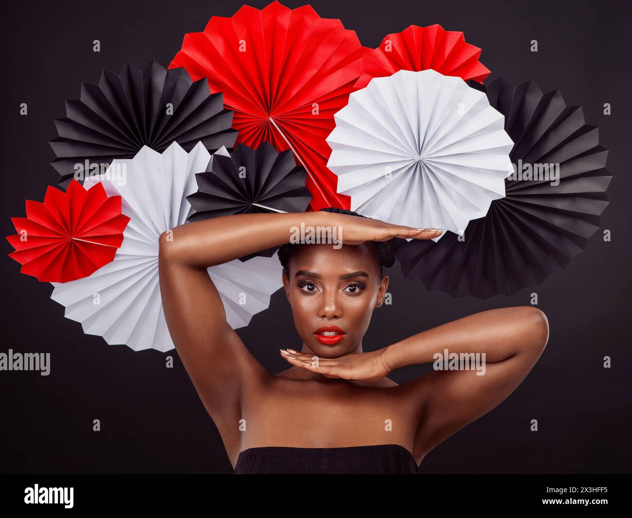 Origami fans, portrait and African woman with art deco for culture by ...