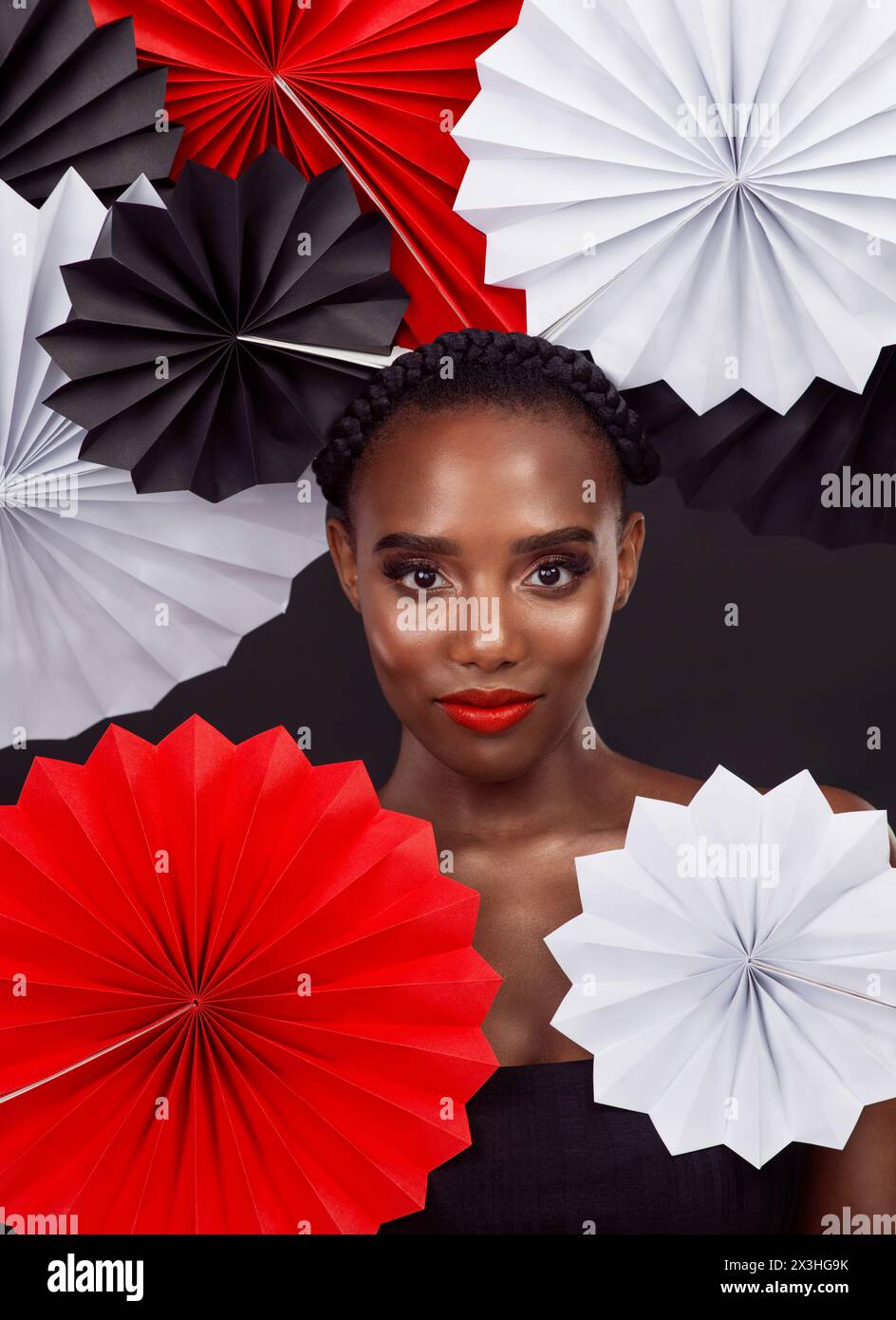 Black woman, portrait and beauty with origami fans in studio isolated ...