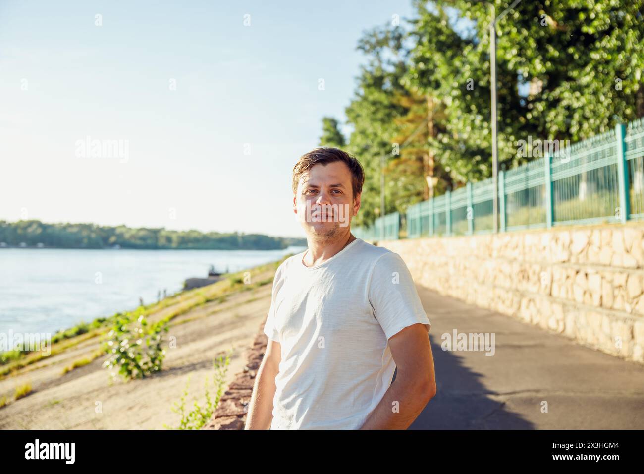 smiling young 34 years old caucasian unshaven beard man in summer on ...