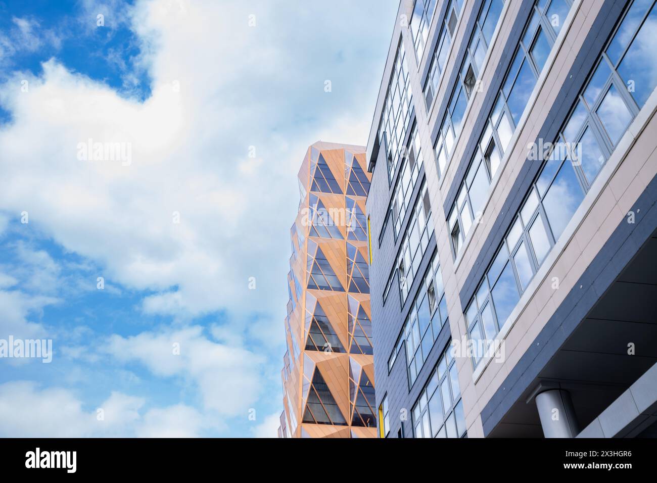 glass blue and golden copper futuristic modern skyscraper building ...