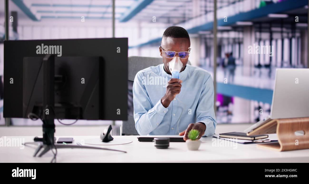 Asthma Patient Breathing Using Oxygen Mask And COPD Nebulizer Stock ...