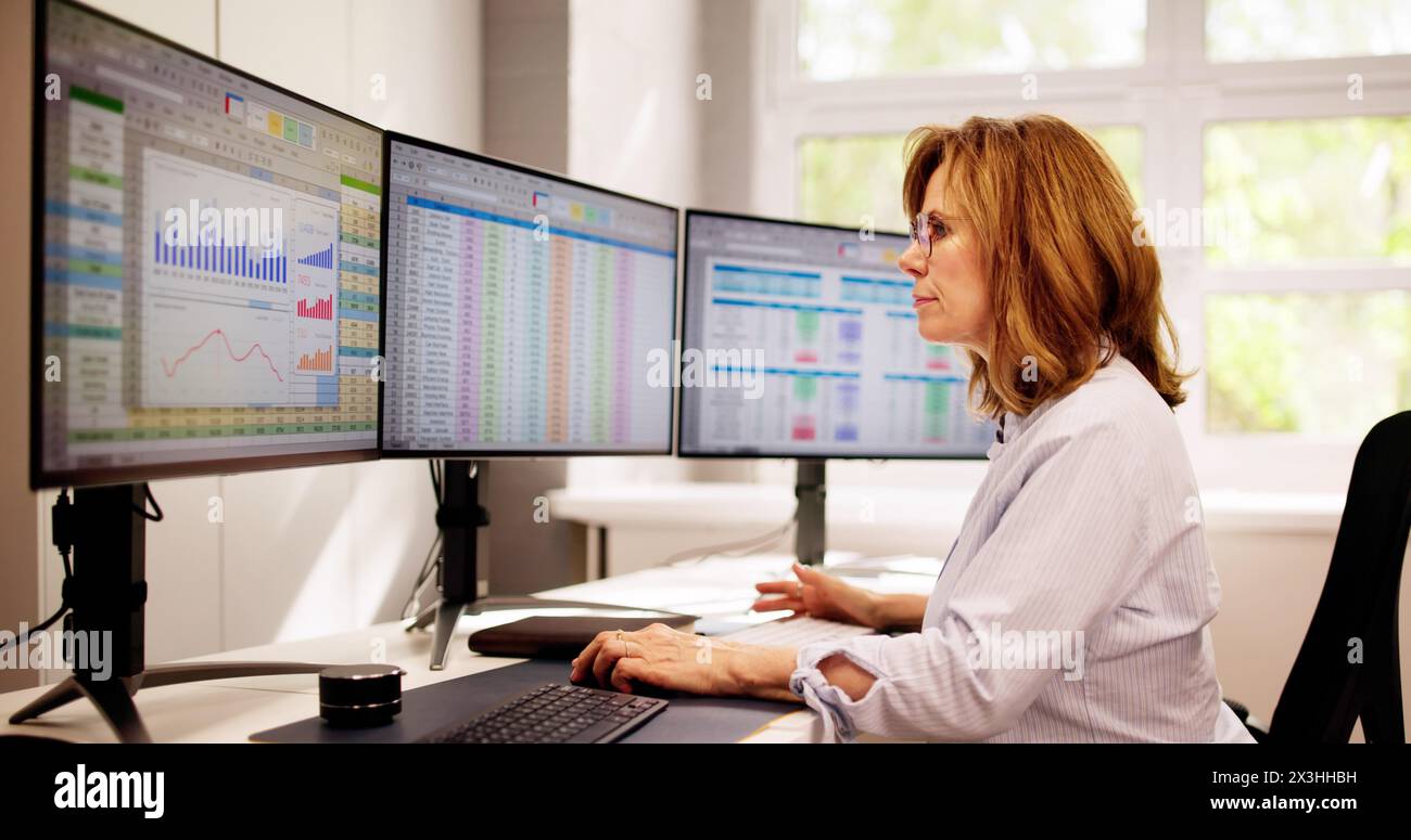 Computer Spreadsheet Data Analyst Woman Using Multiple Screens Stock ...