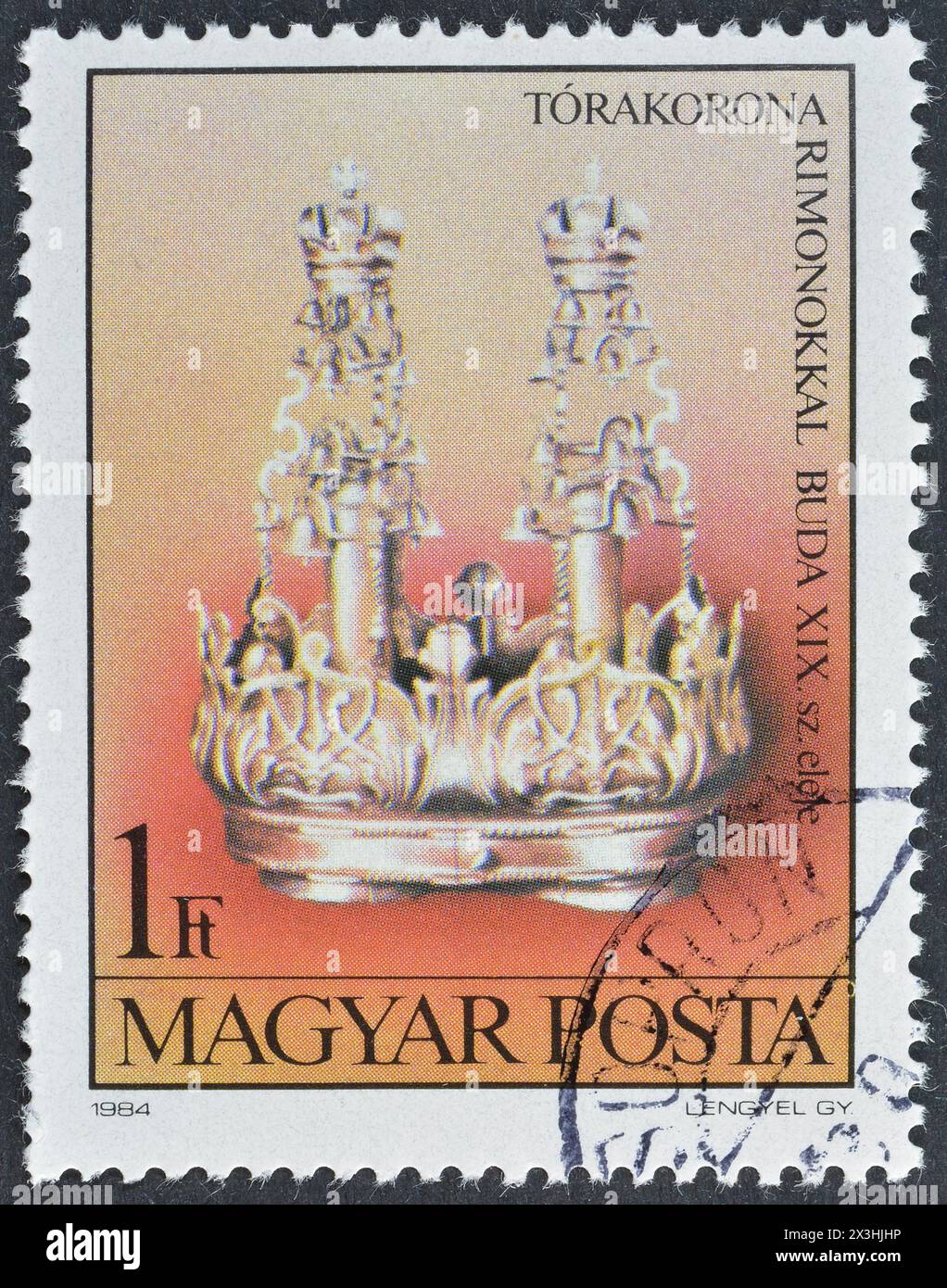 Cancelled postage stamp printed by Hungary, that shows Torah Crown ...