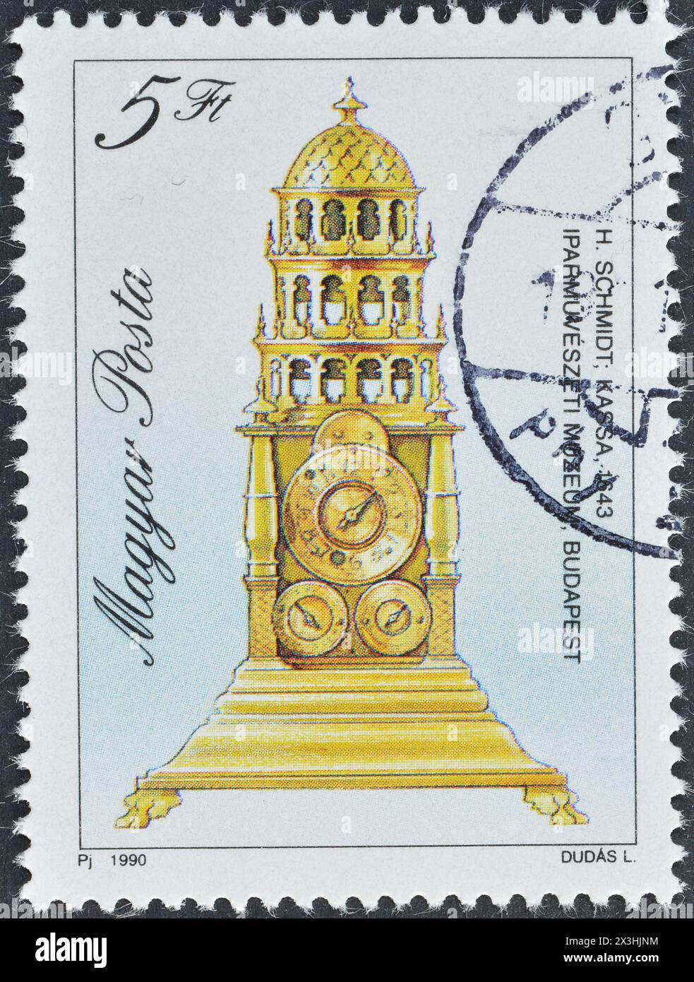 Cancelled postage stamp printed by Hungary, that shows Table clock ...