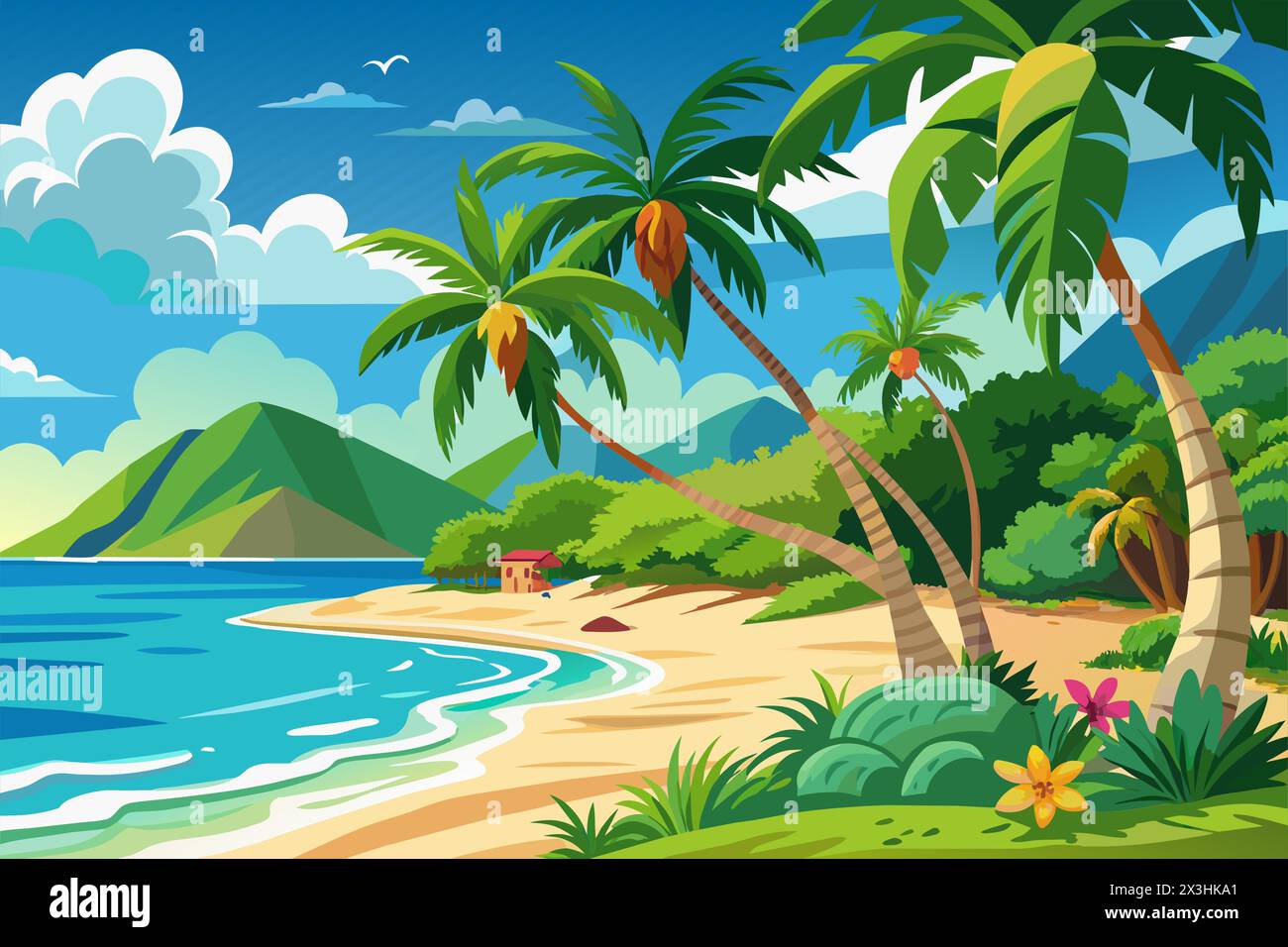 Tropical Beach Graphic Illustration With Palm Trees And Ocean View