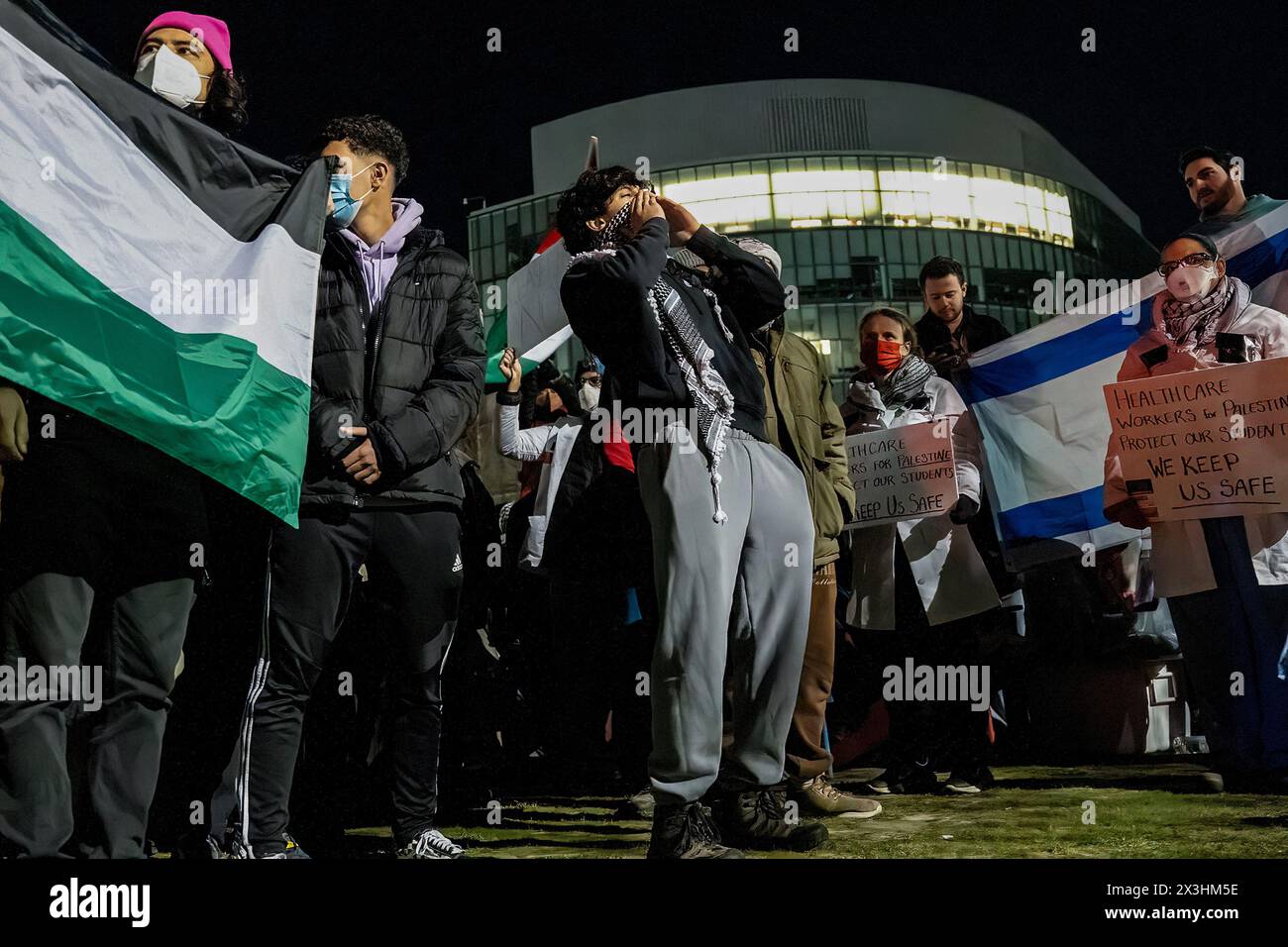 A demonstrator chants "Free Free Palestine" at the pro-Palestine ...