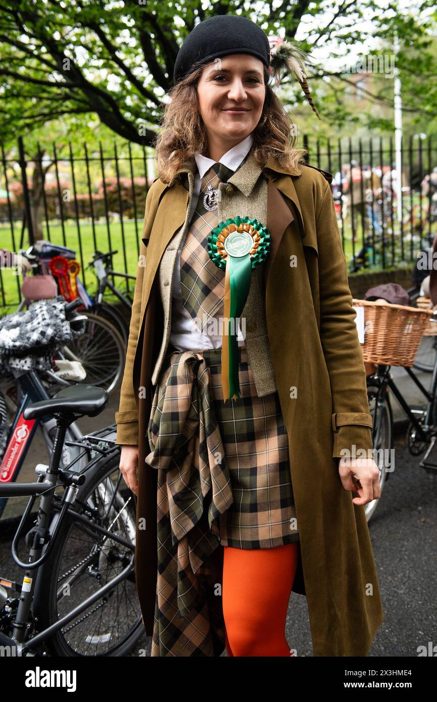 London, UK. 27 Apr 2024. Participants in the Tweed Run pose for a photo ...