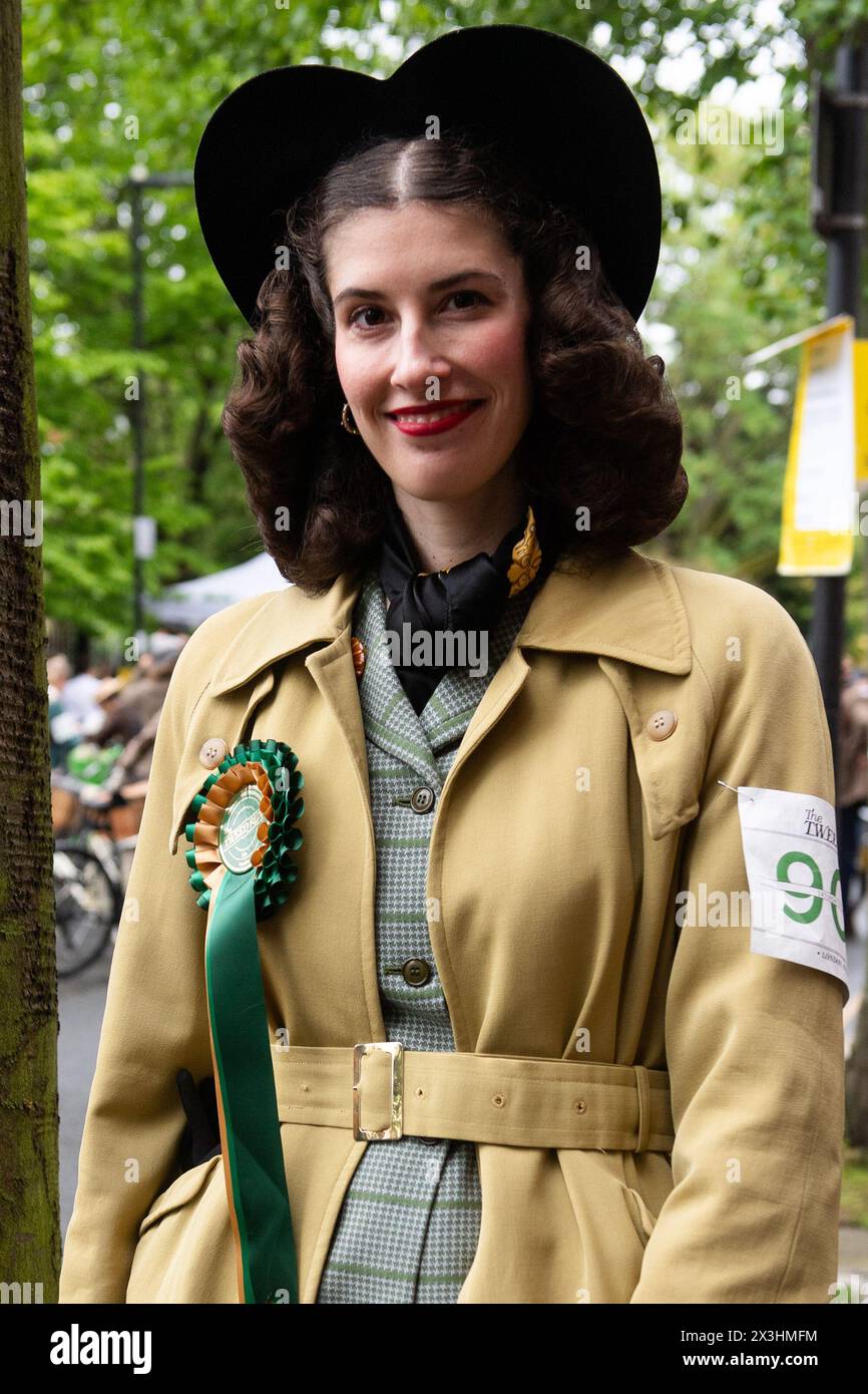 London, UK. 27 Apr 2024. Participants in the Tweed Run pose for a photo ...