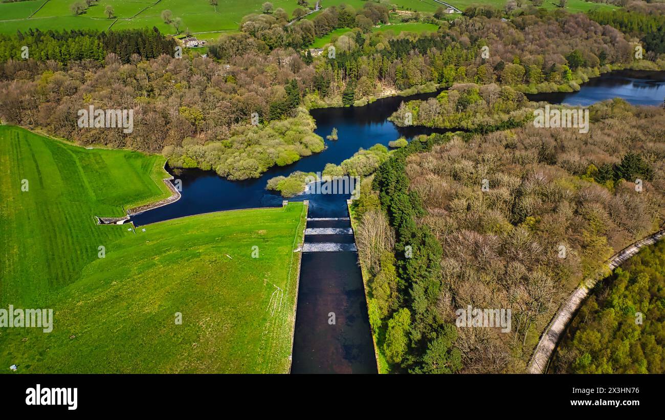 Aerial view of a lush green landscape featuring a river, lakes, and ...