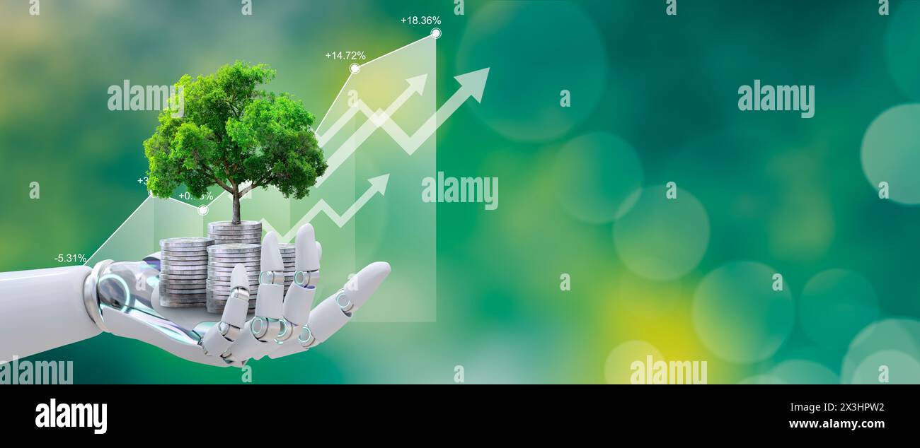 Robot hand holding Growing tree on coins with stock graph over Green ...