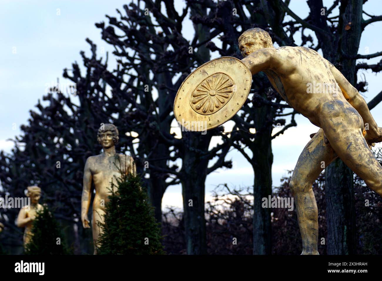 Greek warriors, gilded statues, Herrenhausen Gardens, Hanover, Lower ...