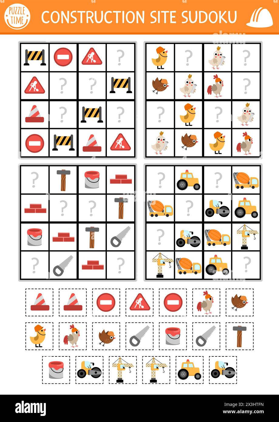 Vector construction site sudoku puzzle for kids with pictures. Simple ...