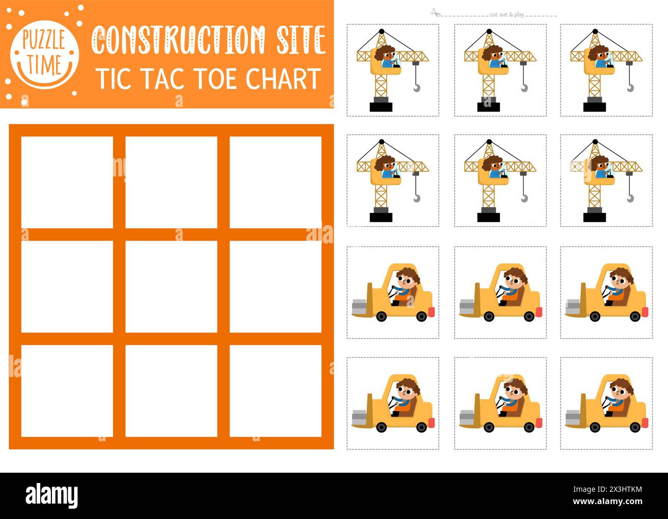Vector construction site tic tac toe chart with forklift and lifting ...