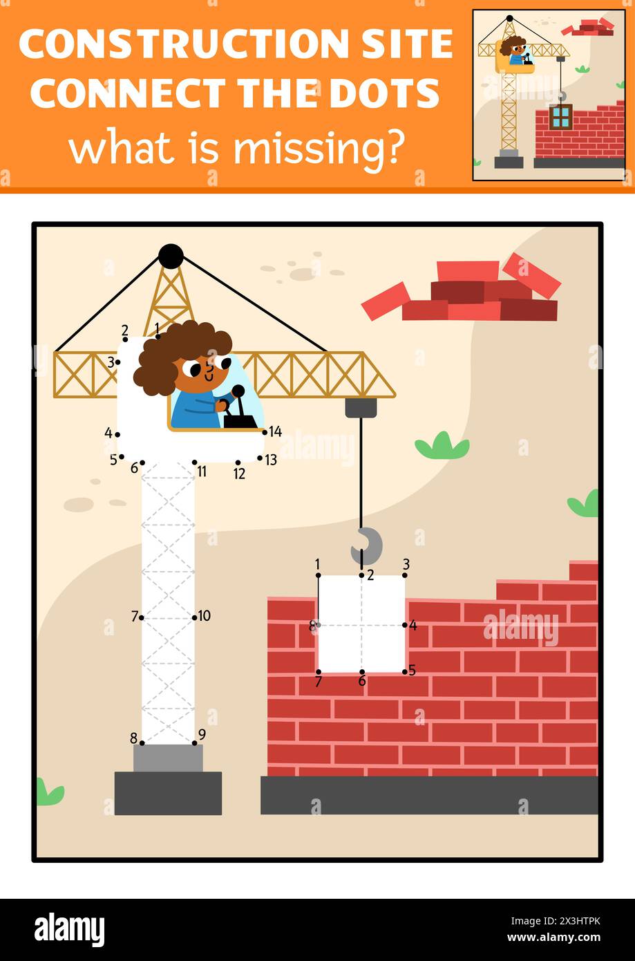 Vector dot-to-dot and color activity with lifting crane, colored ...